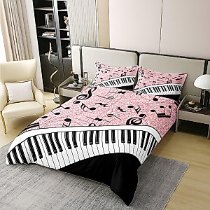 Twin Size Duvet Cover Music 100% Pure Cotton Bedding Set Black Piano and Musical Note Bedding Set Pink Glitter Comforter Cover for Room Decor Twin Size 2 PCS