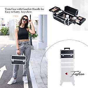 Adazzo 4 in 1 Rolling Makeup Case Cosmetic Train Case Trolley Roll Travel Box for Makeup Artist, Hairstylists, Nail Tech Makeup Cart with Key Swivel Wheels Barber Case Traveling Trunk Black