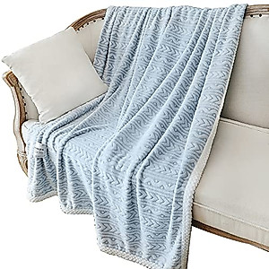 Cozy Fluffy Stripe Plaid Fleece Fuzzy Sherpa Throw 60 * 80 Inch, Super Soft Warm Plush Snuggle Sofa Couches Bed Blanket, Light Blue