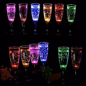 LED Light Up Cups Wine Champagne Flutes Set of 6 Party Favors Adults, Colored Plastic Champagne Flutes Drinking Glasses Glow in the Dark Colorful Glowing Cups for Birthday Christmas Halloween Weddings