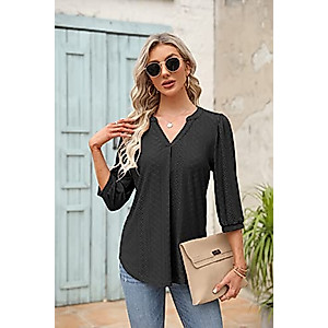 FMEYOA Women's 3/4 Sleeve Tops Eyelet Dressy Casual V Neck Blouses T Shirts(Black,X-Large)