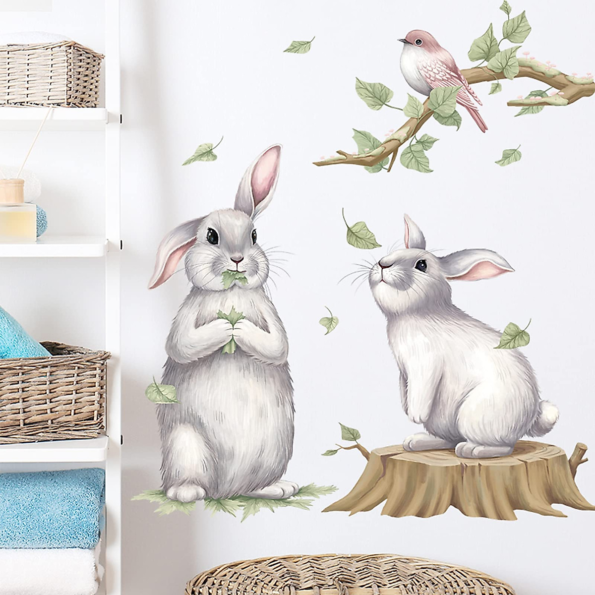 NOA 2 Cute Rabbit Wall Stickers with Bird On The Branches Decals, Removable Cartoon Animal Bunny 3D Vinyl Wallpaper Decor, DIY Art Mural for Nursery Baby Bedroom Living Room