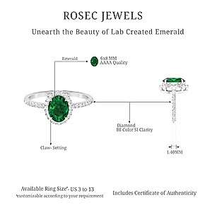 Rosec Jewels Lab Grown Emerald Diamond Oval Engagement Ring, AAAA Quality, Certified 6X8mm Oval Emerald Halo Engagement Ring, 14K Yellow Gold, Size:US 7.00
