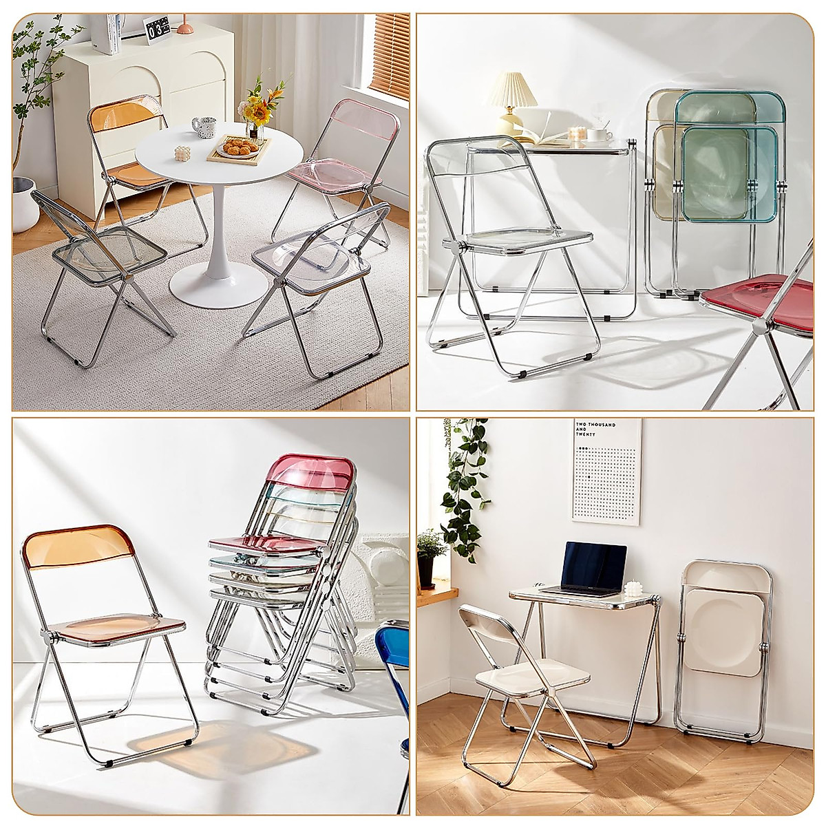 KAIHAOWIN Luxury Modern Transparent Folding Chair Acrylic Folding Chairs-Acrylic Ghost Stackable Crystal Seat-PC Plastic Living Room Seat-Chrome Frame Accent Side Chair (Clearing)