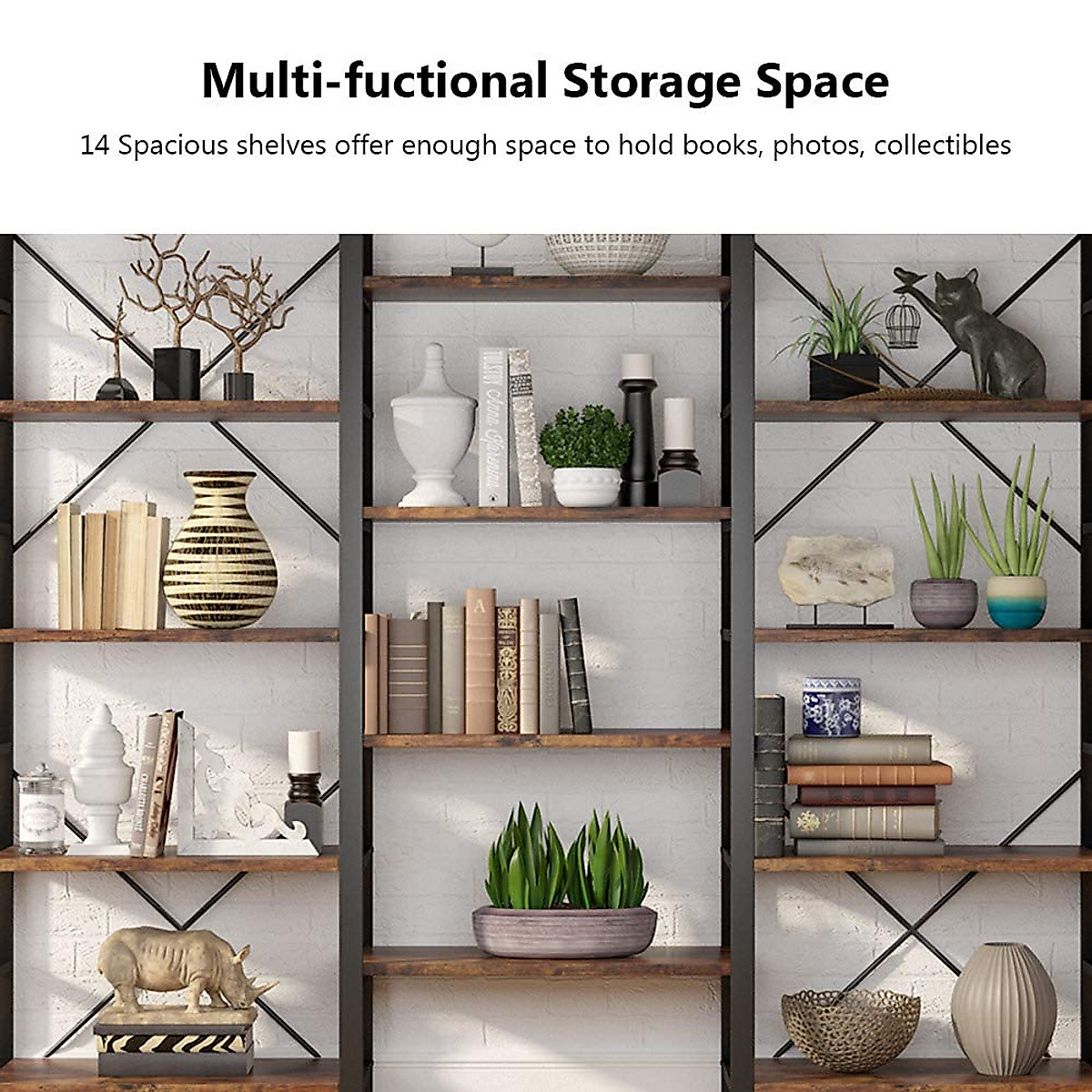 Tribesigns Triple Wide 5-Shelf Bookcase, Etagere Large Open Bookshelf Vintage Industrial Style Shelves Wood and Metal bookcases Furniture for Home & Office, 70 inch