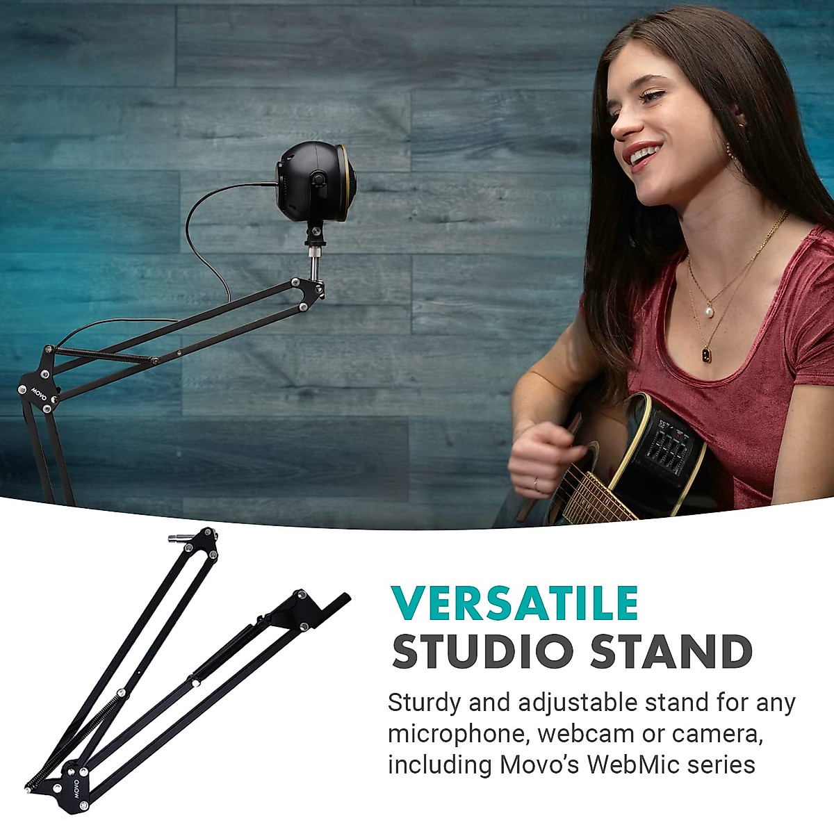 Movo Studio Boom Microphone Arm for Webcam - Scissor Suspension Stand for Webcam, WebMic, Microphone, Ring Light with USB-C to USB-A Extension Cable and Thread Adapters - Boom Arm for Microphone