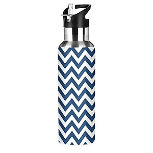 xigua Sports Water Bottle 20 Oz, Navy Blue White Chevron Pattern Leak-proof Stainless Steel Vacuum Flask with Straw Hat and Straw for Student Fitness Outdoor