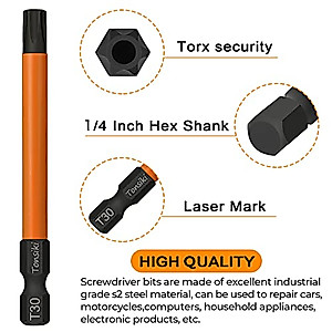 Torx Bit Set, Tonsiki 13PCS Security Torx Bit Set, Tamper Resistant Star Bits Set S2 Steel, 1/4'' Hex Shank Screwdriver Bit with Magnetic, 3'' Long, T5-T40