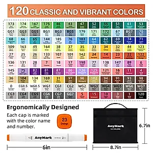 AnyMark 120 Colors Alcohol Markers, Markers Set, Dual Tip Alcohol Based Art Markers for Kids Adults Coloring Drawing, Chisel & Fine