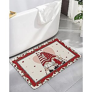 Valentine's Gnomes Bath Mat for Tub,Non Slip Bathroom Floor Runner Rug Quick Dry & Absorbent Diatomaceous Earth Kitchen Room Shower Sink Washable Doormat,Saint Love Heart Red Rose Floral 16"x24"