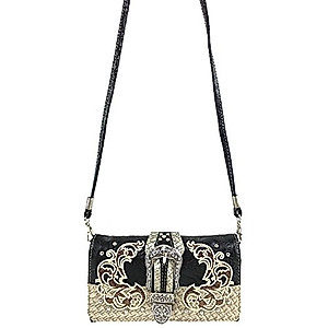Justin West Gleaming Western Tooled Rhinestone Buckle Floral Embroidery Chain Shoulder Handbag Purse Concealed Carry (Black handbag and wallet)