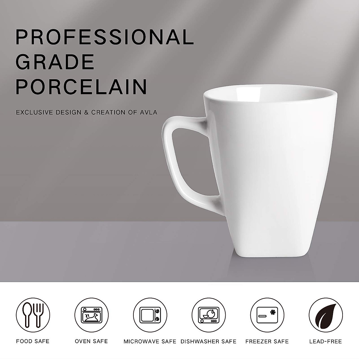 AVLA Set of 6 Porcelain Coffee Mugs, 12 Ounce Large Mugs Sets Ceramic Cup with Handle for Coffee, Tea, Cocoa or Chocolate, White