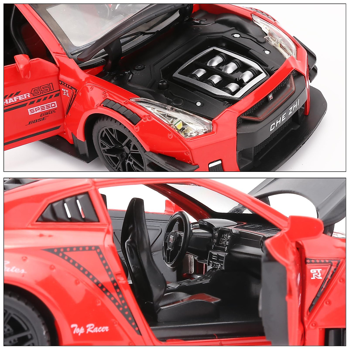 BDTCTK 1/24 Scale Compatible for Nissan GTR Model Car Toy, Zinc Alloy Pull Back Toy car with Sound and Light for Kids Boy Girl Gift (Black)