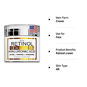 Retinol Cream for Face - Facial Moisturizer with Collagen Cream and Hyaluronic Acid - Anti Aging Face Cream - Day and Night Face Lotion for Women and Men - Hydrating Wrinkle Cream for Face - All Skin Types
