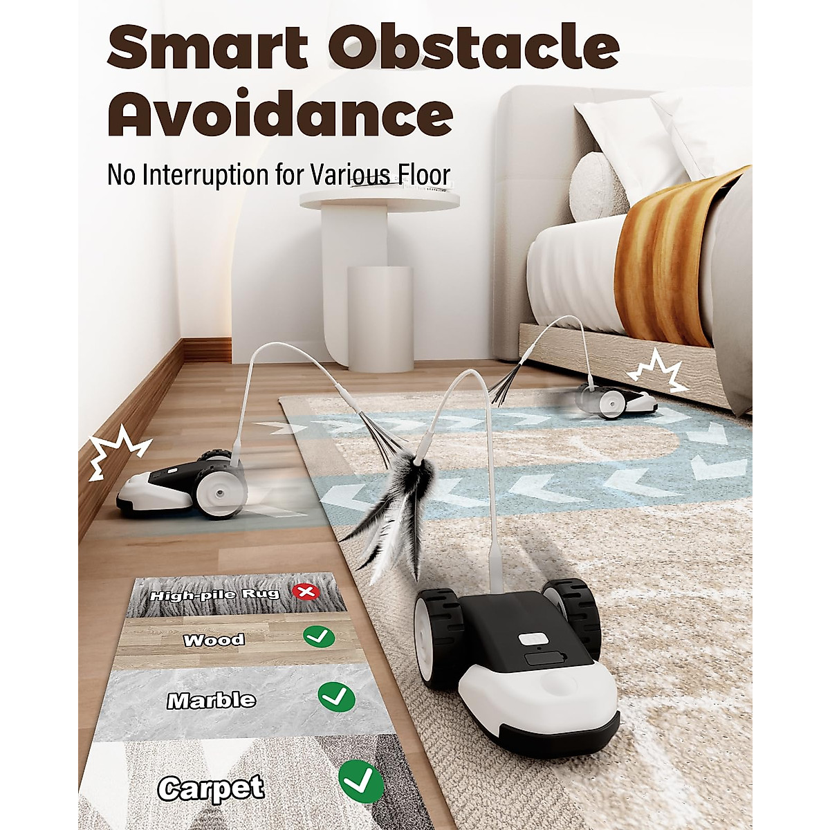 CYROS 3-in-1 Interactive Cat Toy - 2-Speed Automatic Moving Mouse Cat Toys Self Play with 2pcs Hanging Feather String Ribbon and Wiggly Silicone Mice Tail for Bored Indoor Adult Cats Kittens