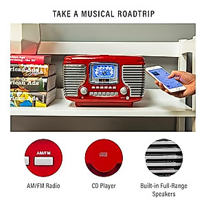 Crosley CR612B-RE Corsair Tabletop AM/FM Bluetooth Radio with CD Player and Dual Alarm Clock, Red
