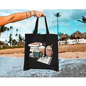 GXVUIS Coffee And Books Canvas Tote Bag for Women Aesthetic Hand Drawn Graphic Reusable Grocery Shoulder Shopping Bags Black