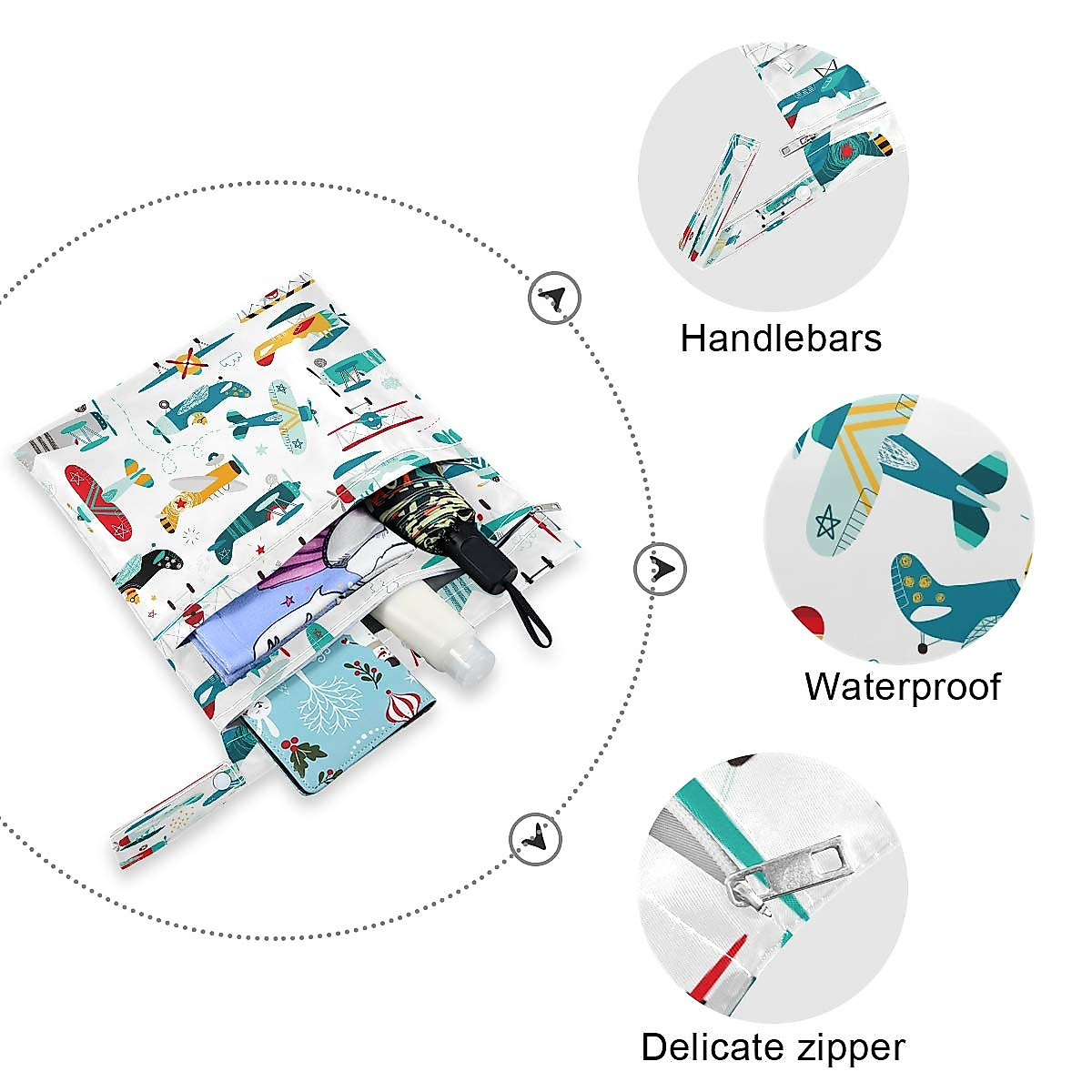 AUUXVA Wet Dry Bags Set Cartoon Airplane Helicopter,Cloth Diaper Wet Bag Waterproof Reusable with Two Zippered Pockets for Travel Beach Pool Swimsuits Wet Clothes,2pcs