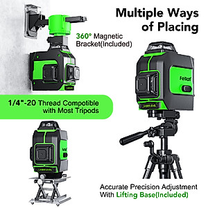 3D Laser Level, 3x360° Self Leveling Green Cross Line Laser for Construction and Picture Hanging with Rechargeable battery, Remote Controller, Magnetic Rotating Stand