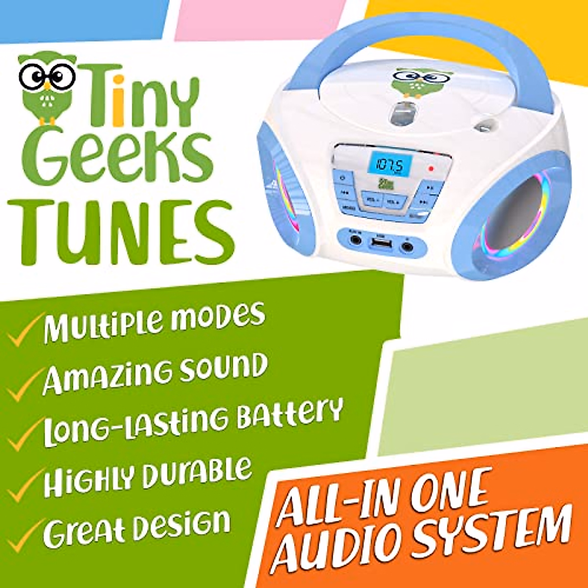 TinyGeeks Kids Table and Chairs Set Safe for Children Activity Table for Kids and Tunes Kids Boombox CD Player for Kids FM Radio - Batteries Included Bundle