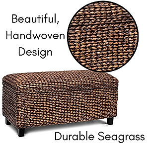 BIRDROCK HOME Wicker Storage Ottoman Bench with Lid - Large Rattan Chest for Blankets, Towels, and Shoes - Decorative Woven Trunk for Bedroom, Living Room, or Patio - Safety Hinges - Brown Wash