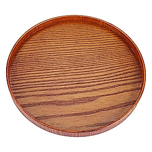 Round Natural Wood Serving Tray Wooden Plate Platter Tea Food Dishes Water Drink for Countertop Kitchen Coffee Table Breakfast (27cm)