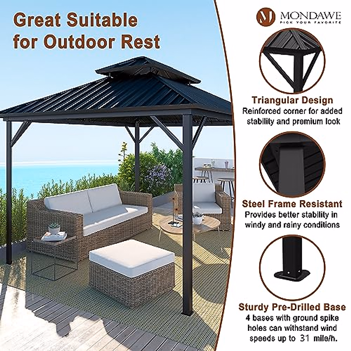 MONDAWE 10x12Ft Hardtop Gazebo Heavy Duty Galvanized Steel Double Roof Permanent Gazebo Steel Frame Canopy Outdoor Pavilion for Patio Lawn Garden