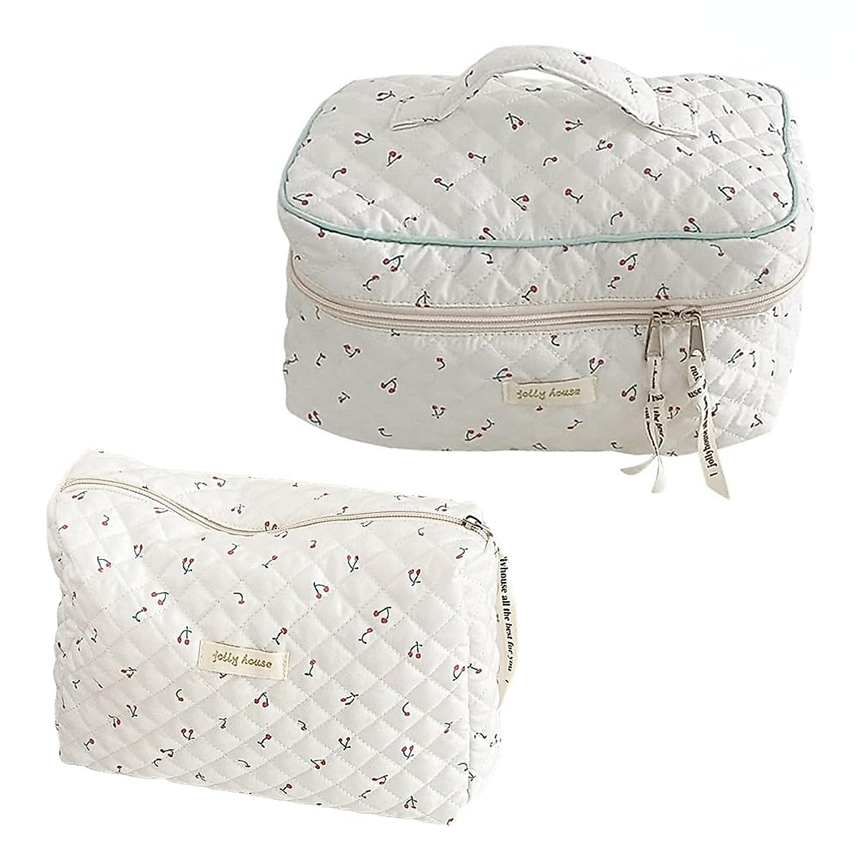 BILIPOPX 2 Pack Kawaii Cute Makeup Bag Aesthetic Travel Quilted Cotton Cosmetic Bag Organizer Toiletry Pouch for Women Teen Girls