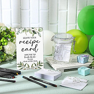 Geyoga 114 Pcs Recipe Cards Bridal Shower Favor for Guest 1 Leave Your Recipe Card Display Sign 1 PET Jar 100 Recipe Card Double Sided 12 Fine liner Ink Pen for Wedding Bridal Shower (Greenery)