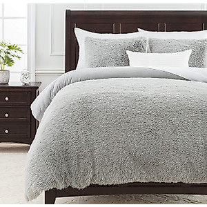 Chanasya Premium Long Fur Duvet Cover Set - Faux Fur & Minky Blanket Duvet Cover (104” x 90”) & 2 Pillow Shams (20” x 36”) - 3-Piece Set, Gray, King