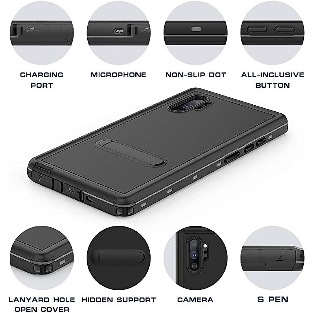 Waterproof Case for Samsung Galaxy Note 10 Plus, Military Grade Drop Tested,Snowproof Shockproof DirtProof Full Sealed Underwater Protective Cover Case with Kickstand (Black) (Black)