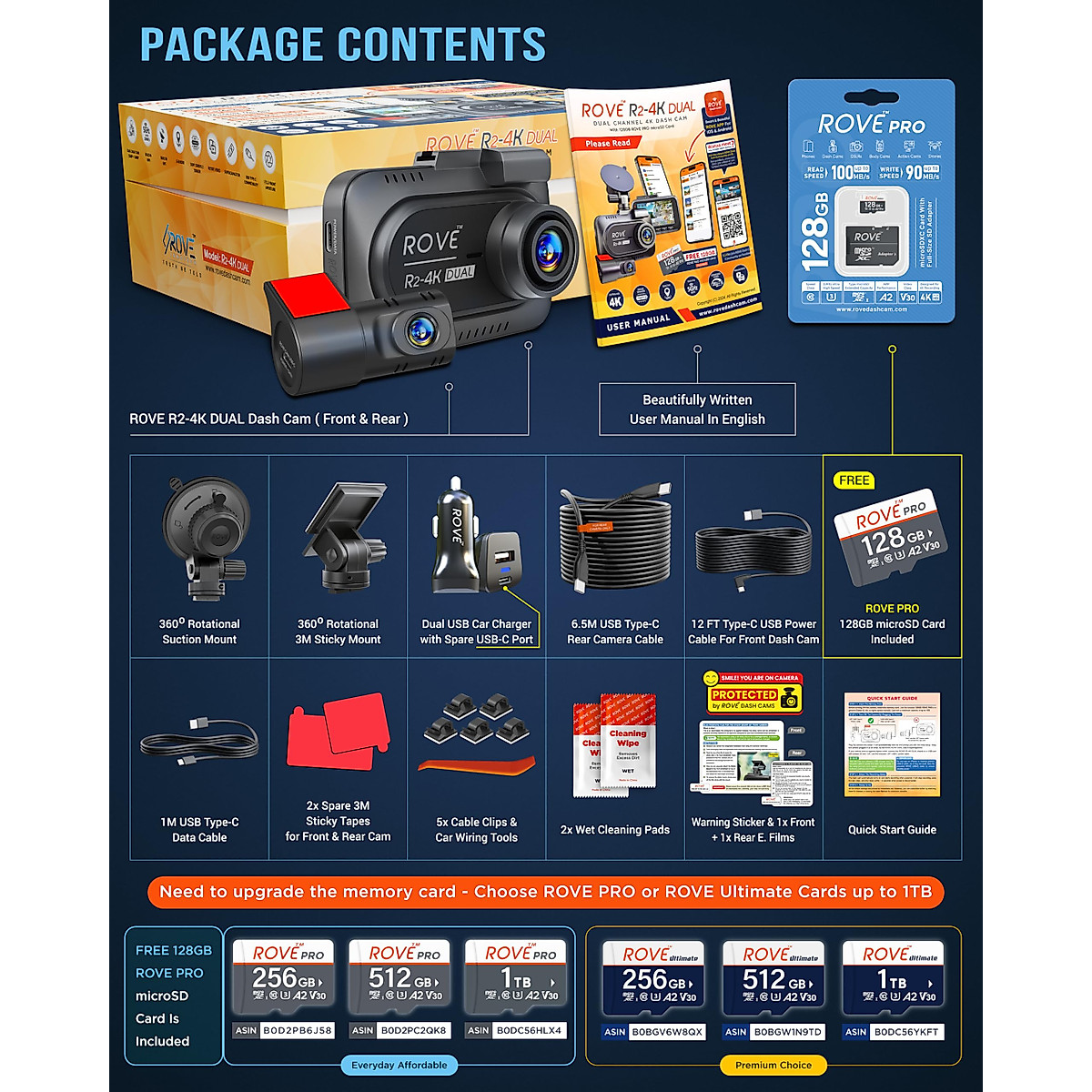 ROVE R2-4K DUAL Dash Cam Front and Rear, STARVIS 2 Sensor, FREE 128GB Card Included, 5G WiFi - up to 20MB/s Fastest Download Speed with App, 4K 2160P/FHD Dash Camera for Cars, 3" IPS, 24H Parking Mode