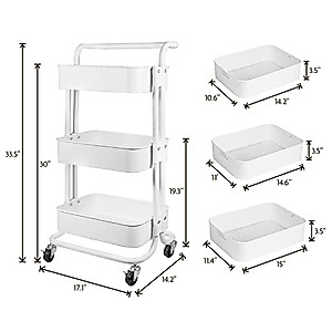 elabo 3-Tier Metal Rolling Utility Cart with 2 Lockable Wheels Storage Organizer Shelf for Kitchen, Bedroom, Bathroom, Office, Living Room