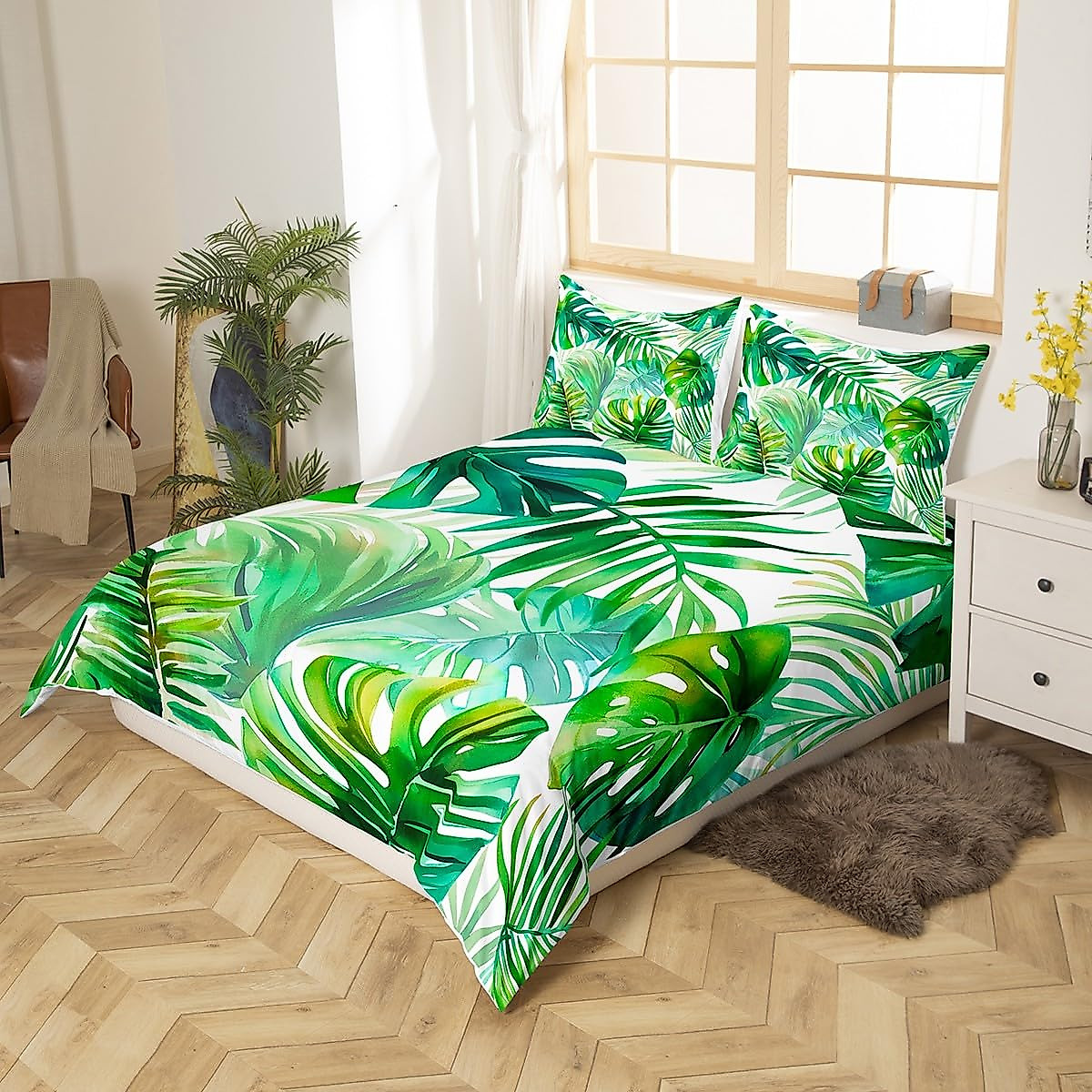 Summer Leaves 100% Nature Cotton Duvet Cover Twin Size,Tropical Palm Leaves Botanic Plants Super Soft Bedding Set,Seaside Camping Green Leaves Comforter Cover Bedding 2 Piece (No Comforter)