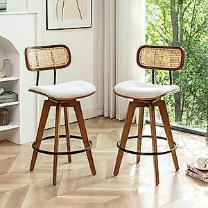 YOUUGIOR 26" Rattan Bar Stools Set of 2, Linen Fabric Counter Height Swivel Barstools with Rattan Backrest and Wooden Legs,Armless Mid Century Modern Bar Chairs for Kitchen/Dining Room/Bar(Beige)