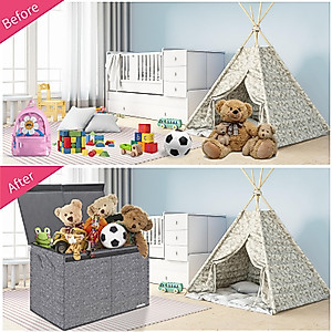 Friday Monkey Sturdy Large Toy Box Chest with Lids & Handles, Foldable Toys Storage Organizer Bin Basket for Boys, Girls, Kids, Playroom, Nursery, Utility Room, 25x13x16 inch, Light Grey, ZMGCWJX