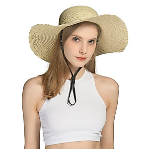 Harikery Womens Sun Straw hat Wide Brim UPF 50+ Packable Foldable Summer Beach hat for Women with Wind Lanyard Cream