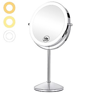 KEDSUM Rechargeable 1X/10X Lighted Magnifying Makeup Mirror, 8" Double Sided Lighted Makeup Mirror 3 Color Dimmable Lighting, Magnifying Mirror with Light, Touch Screen Cordless Cosmetic Vanity Mirror