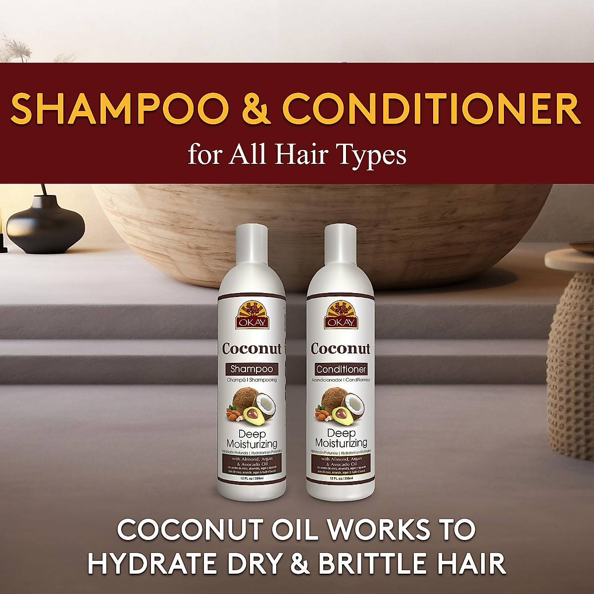 OKAY-Shampoo and Conditioner Coconut Hair Care Set Deep Moisturizing- Set Of 2 X 12 Oz