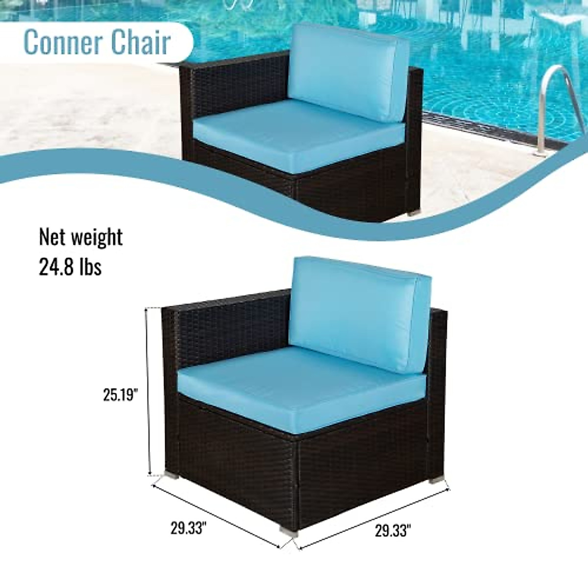 HomSof 6-Piece PE Rattan Wicker Sectional Cushioned Sofa Sets with 1 Red Pillow, Blue + Brown