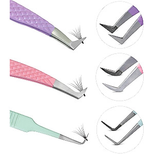 SIVOTE Lash Tweezers for Eyelash Extensions, Set of 3 - Volume, Volume Boot, Slim 90 Degree Tweezers with Fiber Tips in Pastel Colors, Ideal for Mega, Volume & Russian Lashes - Includes Leather Pouch