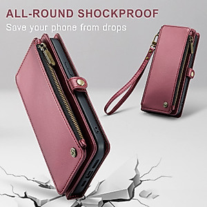 Defencase for iPhone 14 Case, RFID Blocking for iPhone 14 Wallet Case for Women Men with Credit Card Holder Slots Zipper Book Flip PU Leather Protective Cover for iPhone 14 Phone Case, Wine Red