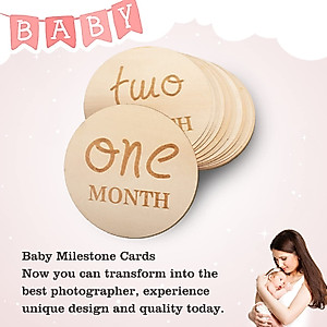 12 PCS Wooden Baby Monthly Milestone - Milestone Photo Cards, 1-12 Months Wood Milestone Disc Set, Birth Announcement Sign for First Year Picture Props, 4 inch Diameter