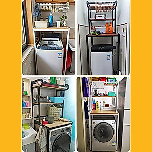 BKGDO Washer Storage Frames Floor Standing for Over Toilet,Square Carbon Steel Washinghine Shelf,Drum Washinghine Storage Rack Toilet Shelf with Hanging Rod/Black