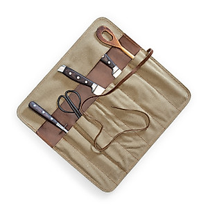 Angus Stoke Knife Bag made of durable Canvas & genuine buffalo Leather - Chef's Knife Roll Case for Cooking, Camping & BBQ - Knives storage Neil (Beige)