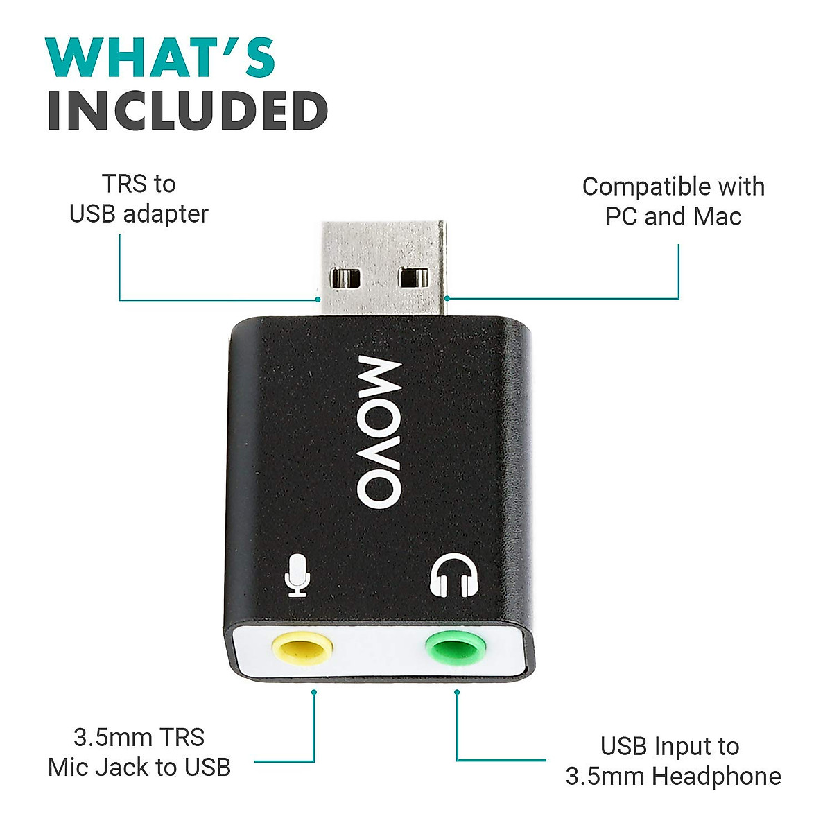 Movo USB-AC 3.5mm TRS Microphone to USB 2.0 Stereo Audio External Sound Card Adapter for PC and Mac. USB Sound Card Adapter for Computer or Laptop Convert USB Input to 3.5mm TRS Headphone or Mic Jack