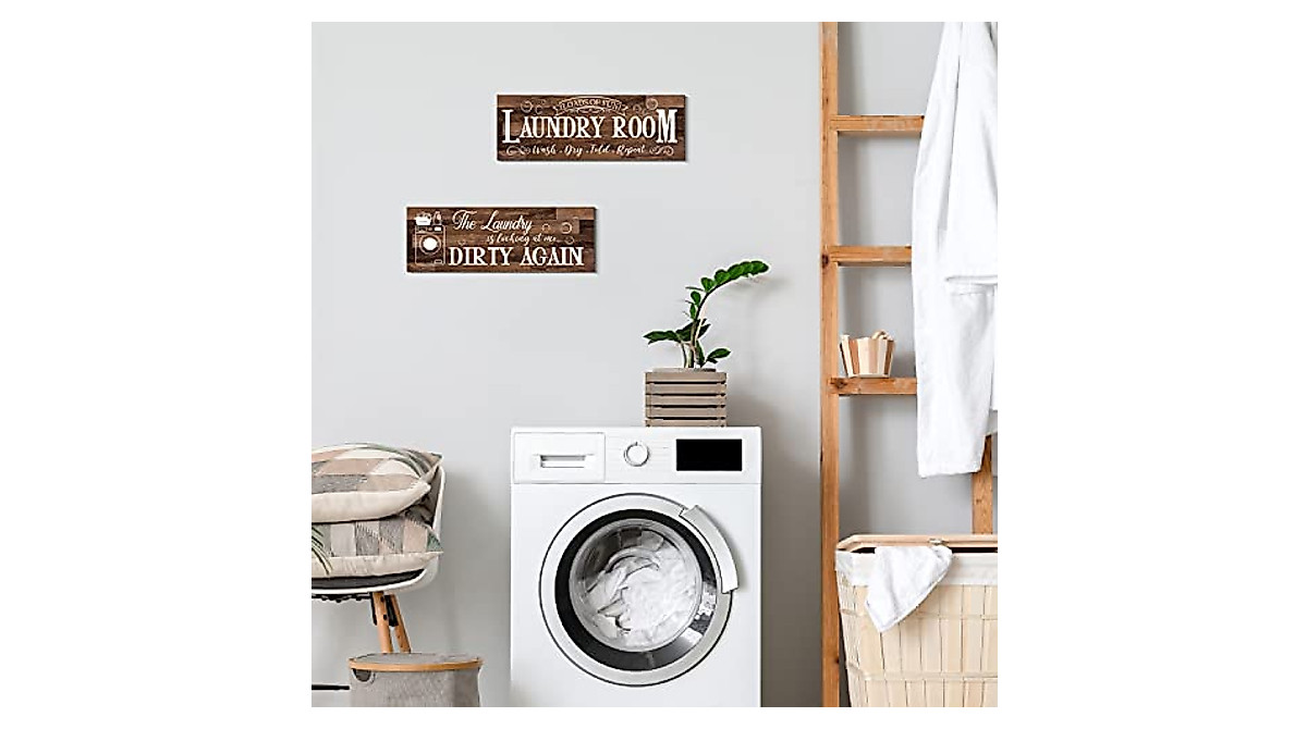 Creoate Laundry Room Decor - 2 Rustic Funny Laundry Signs