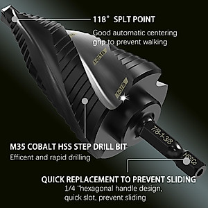 Step Drill Bit M35 Cobalt Four Helical Flutes 1/4" Hex Shank Drill 1/8"-1/2 (13 Sizes) for Working Metal, Wood, Aluminum, Plastic, Great for DIYers