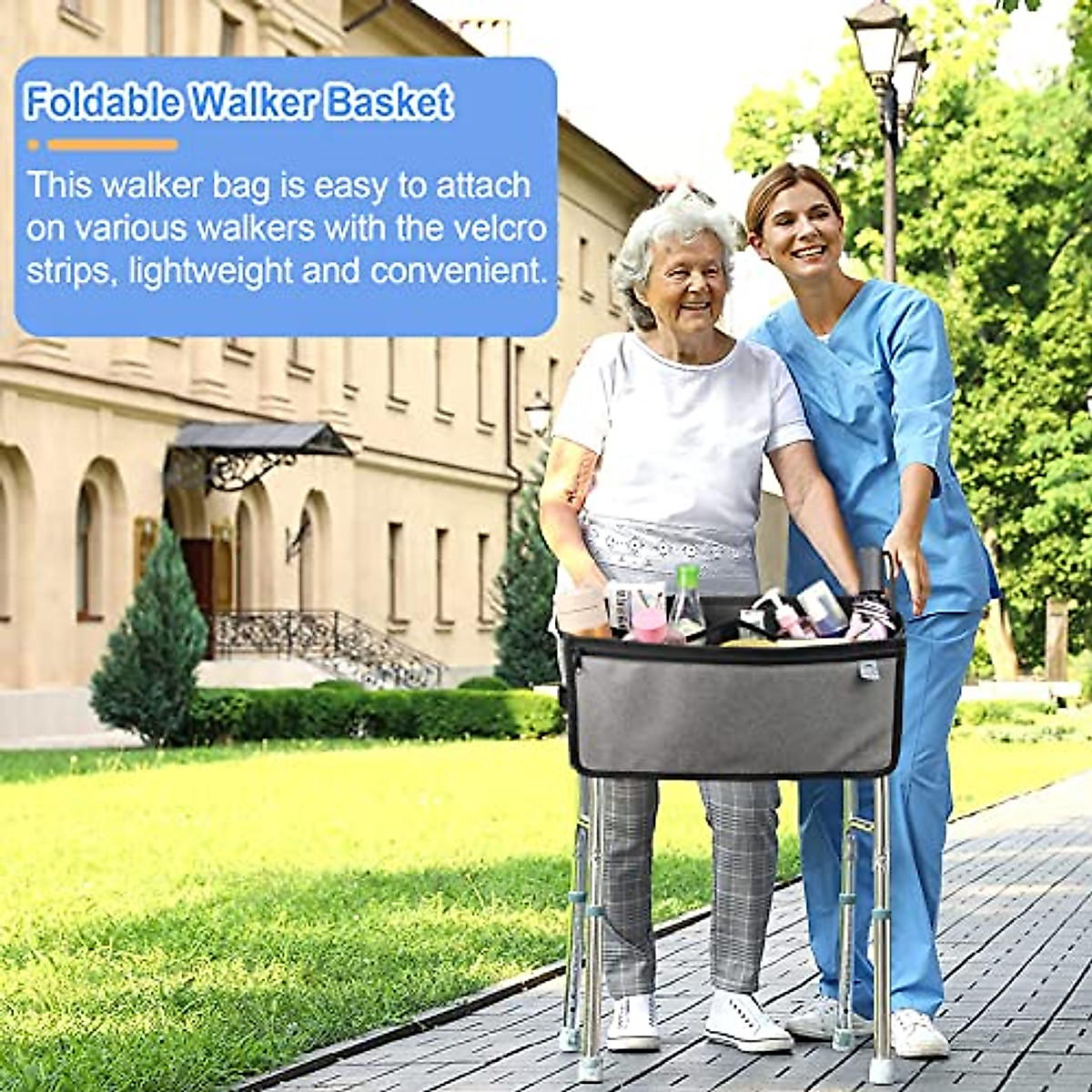 MDSTOP Walker Basket, Walker Bag Water Cup Holder, Foldable Walker Attachment Hands-Free Storage Bag for Elderly, Senior, Large Capacity with Zippered Phone Pocket (Not Fit Rollator Walkers) (Grey)