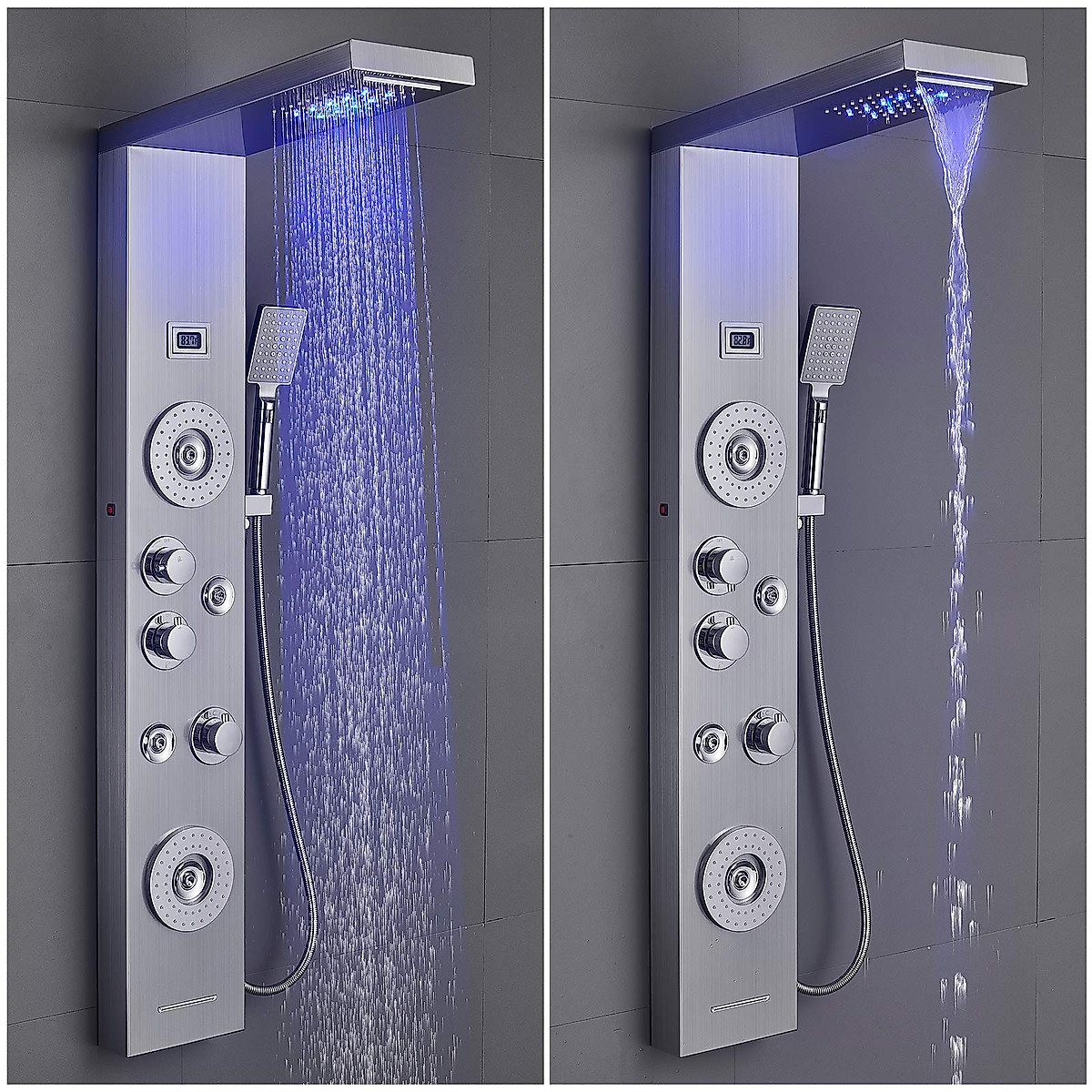 ROVOGO LED Shower Panel Tower System with Rainfall Waterfall Shower Head, 2 Body Jets, 4 Mist Spray, Tub Spout and Handheld, Shower Column with Temp Display, Black